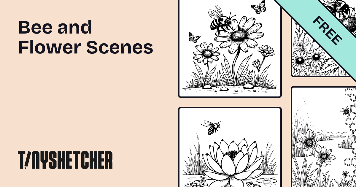 5 Bee and Flower Scenes Coloring Pages | Free Printables | Tiny Sketcher