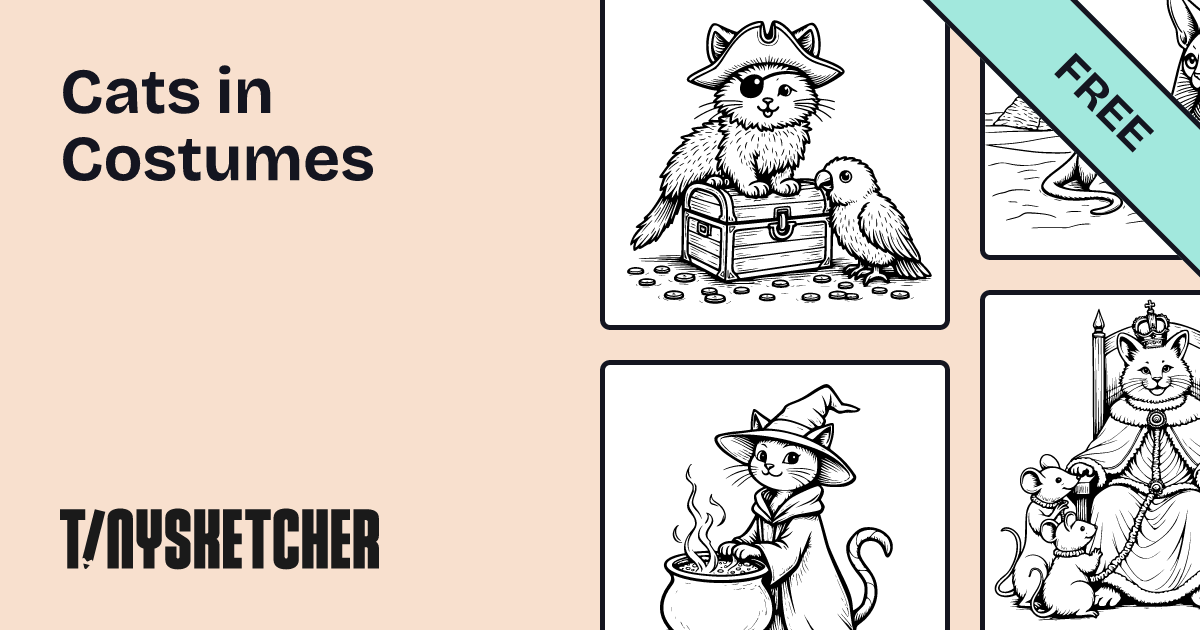 16 Cats in Costumes Coloring Pages | Free Printables | Tiny Sketcher