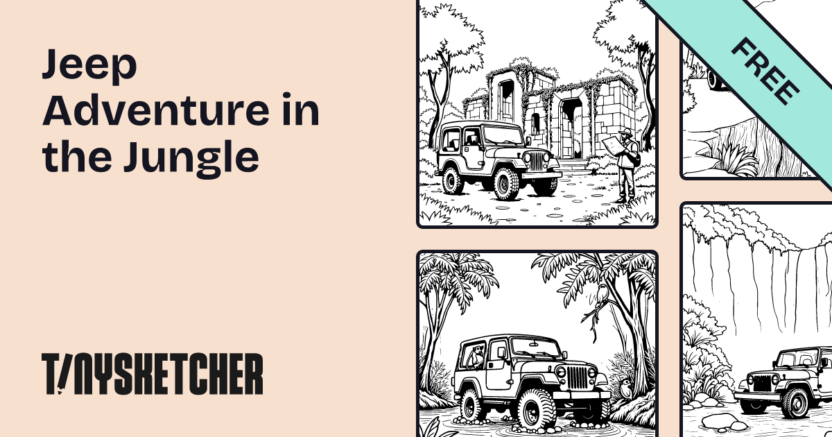 6 Jeep Adventure in the Jungle Coloring Pages | Free Printables | Tiny ...