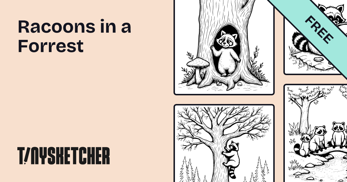 10 Racoons in a Forrest Coloring Pages | Free Printables | Tiny Sketcher