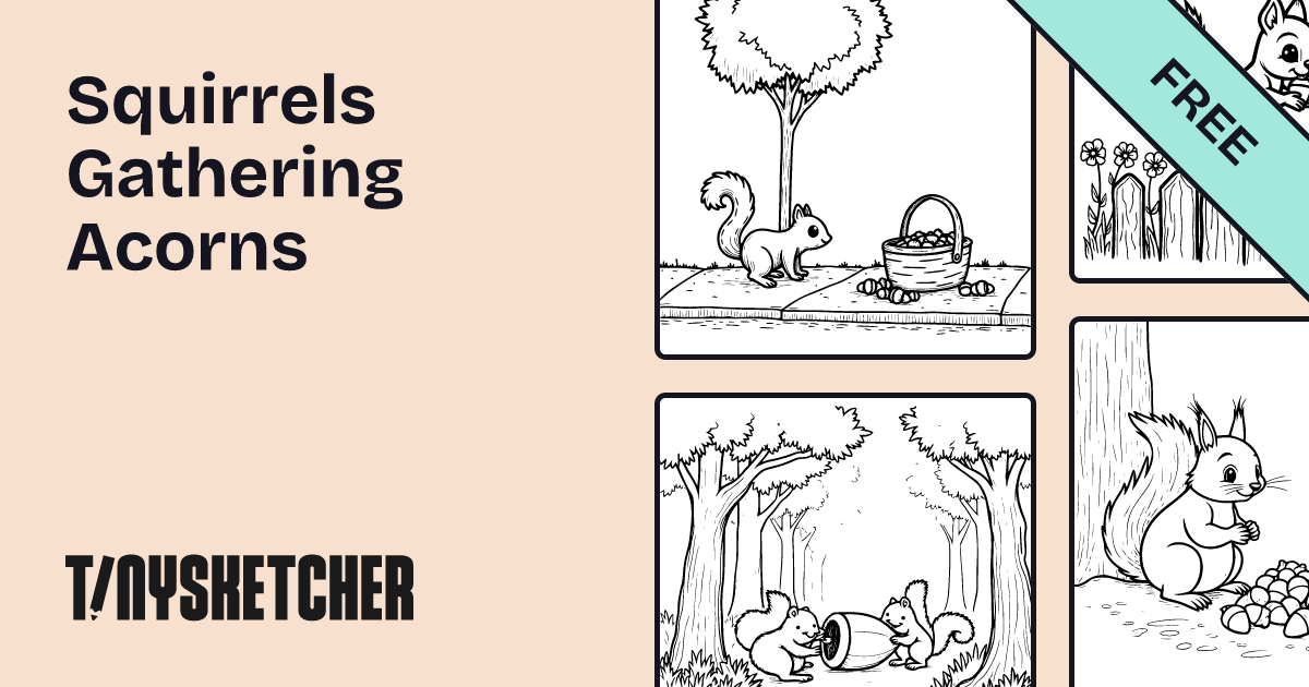 12 Squirrels Gathering Acorns Coloring Pages | Free Printables | Tiny ...