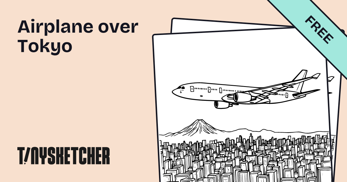 Airplane over Tokyo Coloring Page | Free Printables | Tiny Sketcher