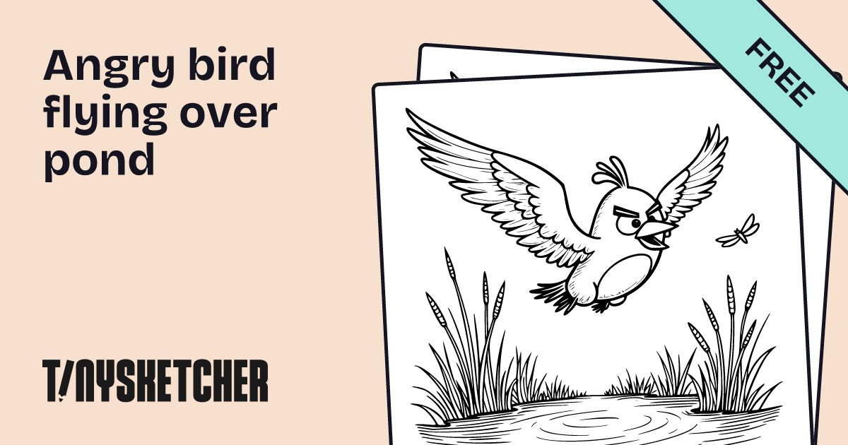 Angry bird flying over pond Coloring Page | Free Printables | Tiny Sketcher
