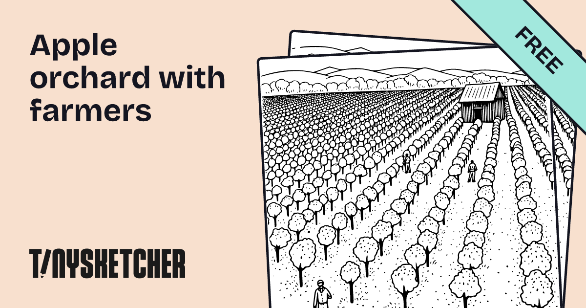 Apple orchard with farmers Coloring Page | Free Printables | Tiny Sketcher