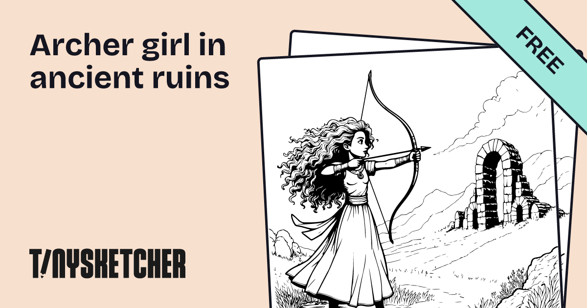 Archer girl in ancient ruins Coloring Page | Free Printables | Tiny Sketcher