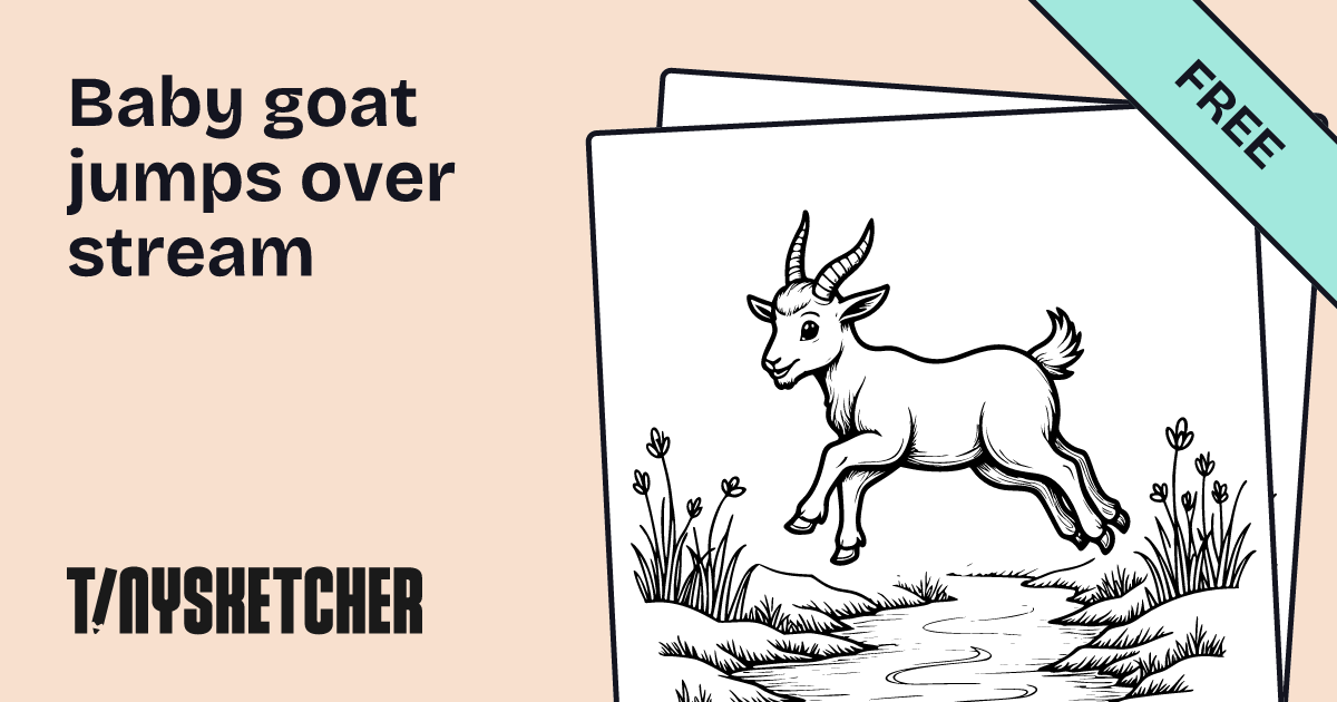 Baby goat jumps over stream Coloring Page | Free Printables | Tiny Sketcher