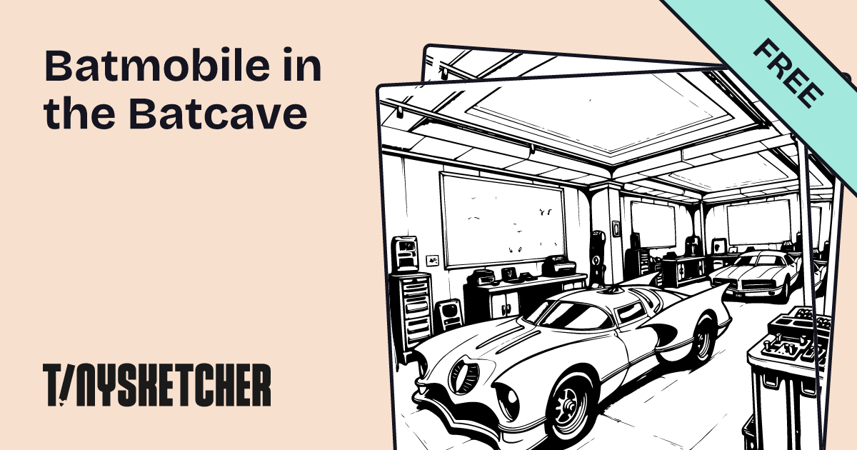Batmobile in the Batcave Coloring Page | Free Printables | Tiny Sketcher