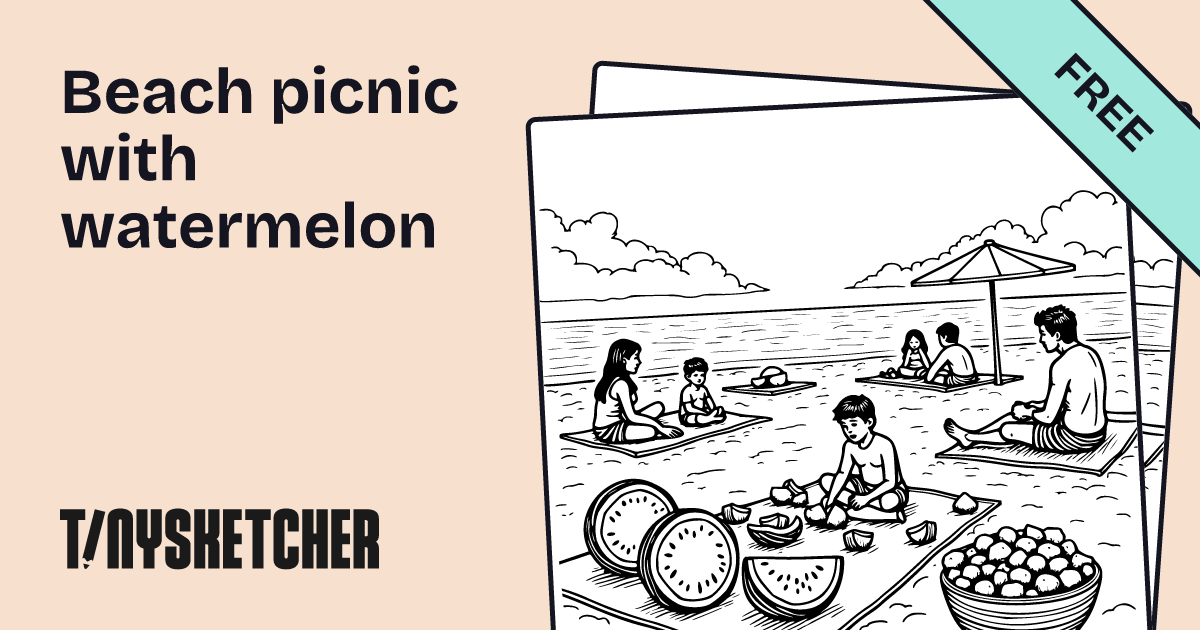 Beach picnic with watermelon Coloring Page | Free Printables | Tiny ...