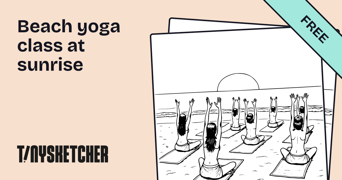 Beach yoga class at sunrise Coloring Page | Free Printables | Tiny Sketcher