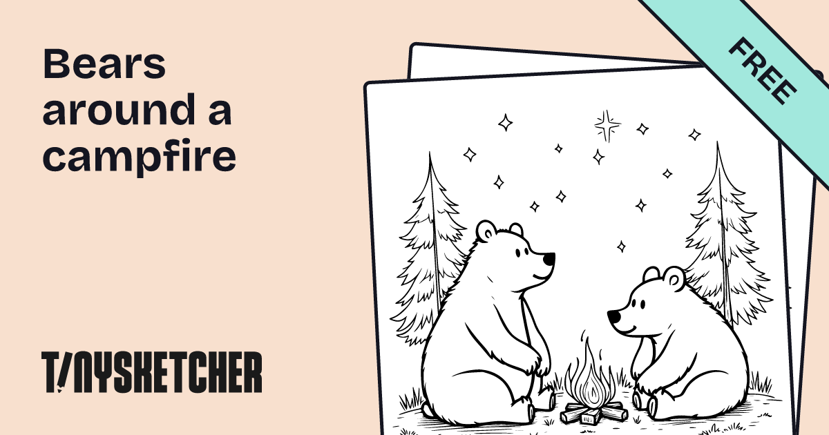 Bears around a campfire Coloring Page | Free Printables | Tiny Sketcher