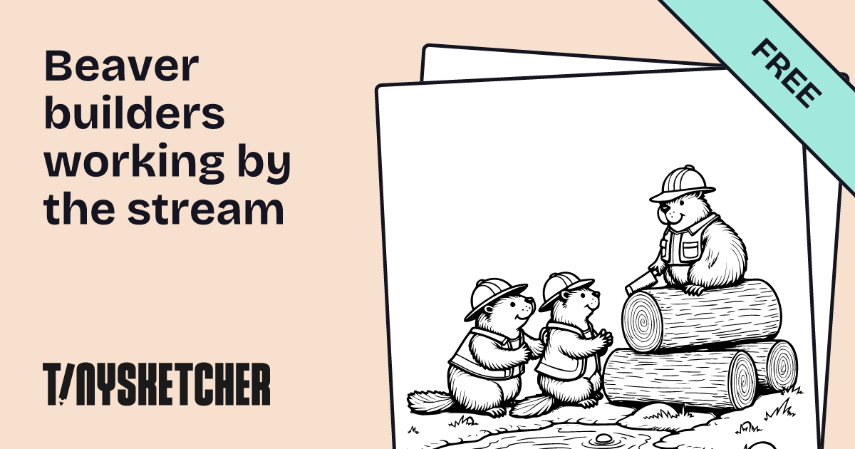 Beaver builders working by the stream Coloring Page | Free Printables | Tiny Sketcher