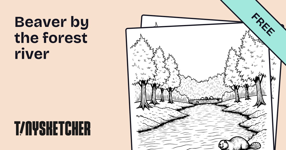 Beaver by the forest river Coloring Page | Free Printables | Tiny Sketcher