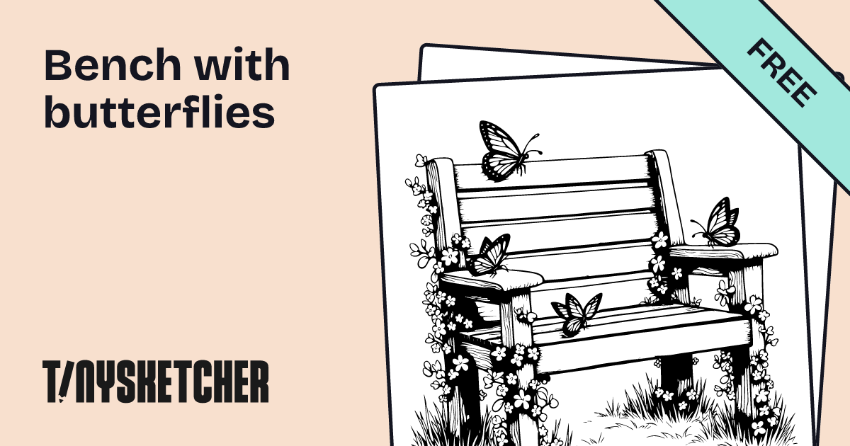 Bench with butterflies Coloring Page | Free Printables | Tiny Sketcher