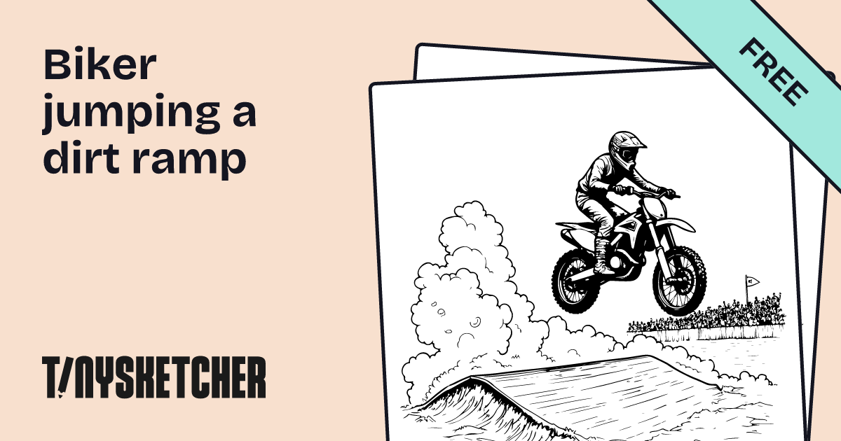 Biker jumping a dirt ramp Coloring Page | Free Printables | Tiny Sketcher
