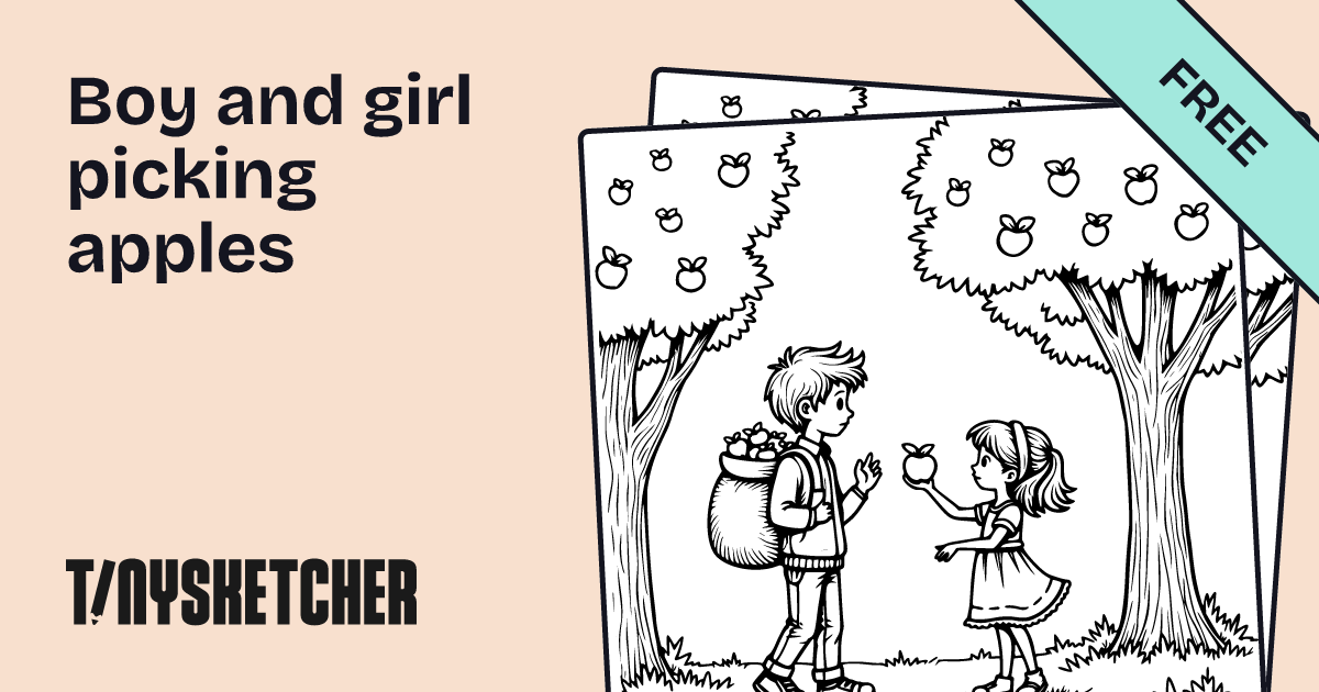 Boy and girl picking apples Coloring Page | Free Printables | Tiny Sketcher