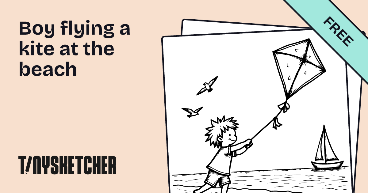Boy flying a kite at the beach Coloring Page | Free Printables | Tiny ...