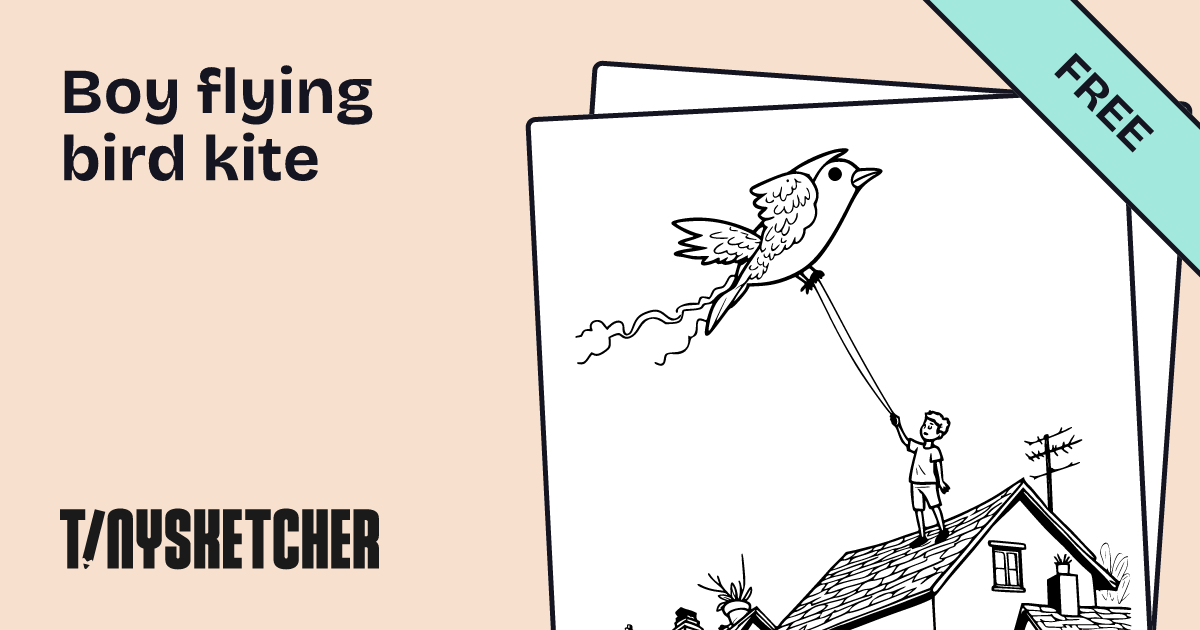 Boy flying bird kite Coloring Page | Free Printables | Tiny Sketcher