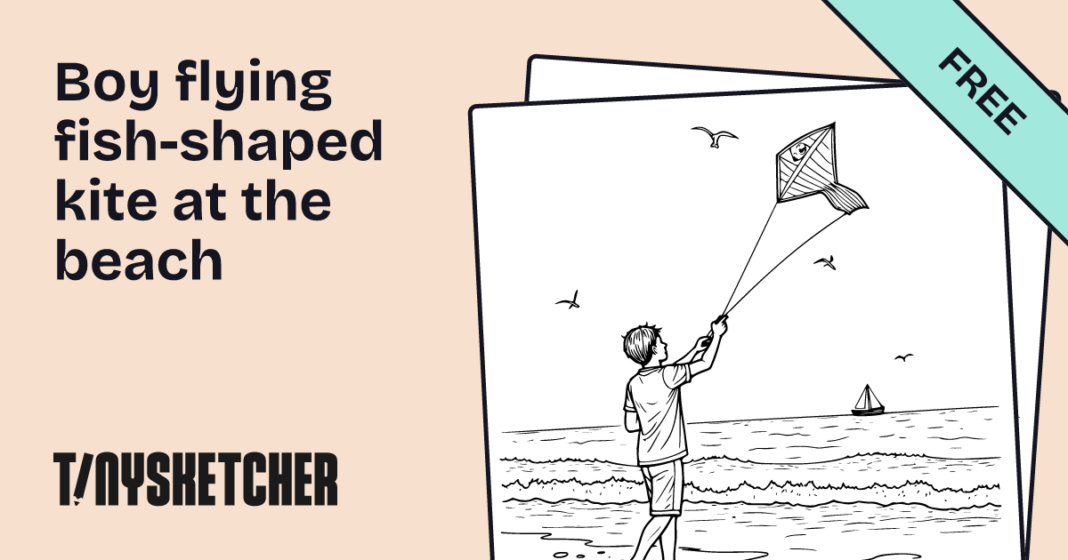 Boy flying fish-shaped kite at the beach Coloring Page | Free ...