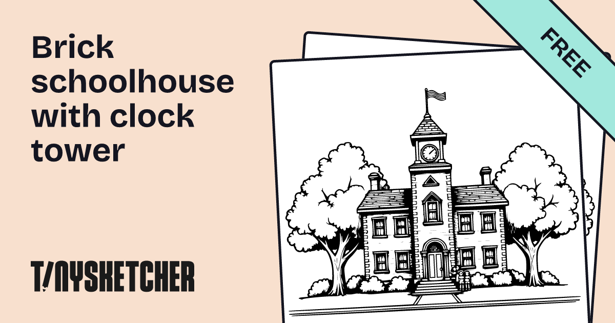Brick schoolhouse with clock tower Coloring Page | Free Printables ...