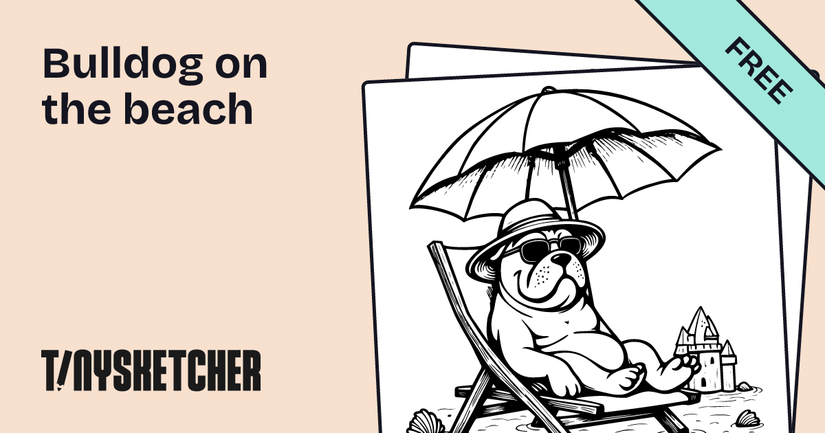 Bulldog on the beach Coloring Page | Free Printables | Tiny Sketcher