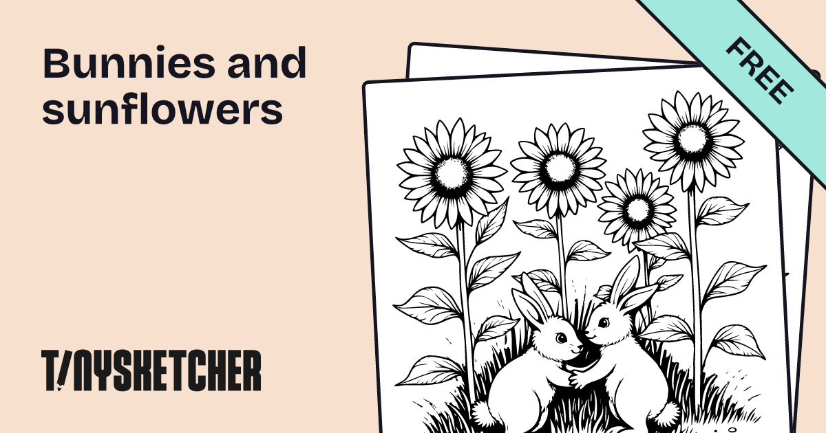 Bunnies and sunflowers Coloring Page | Free Printables | Tiny Sketcher