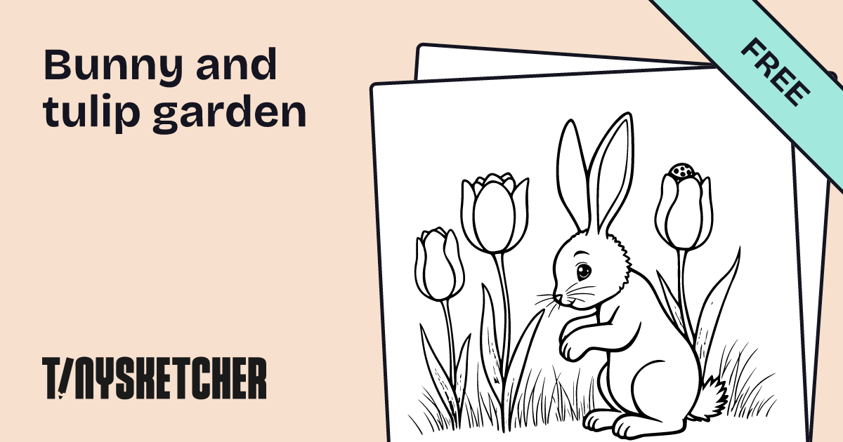 Bunny and tulip garden Coloring Page | Free Printables | Tiny Sketcher