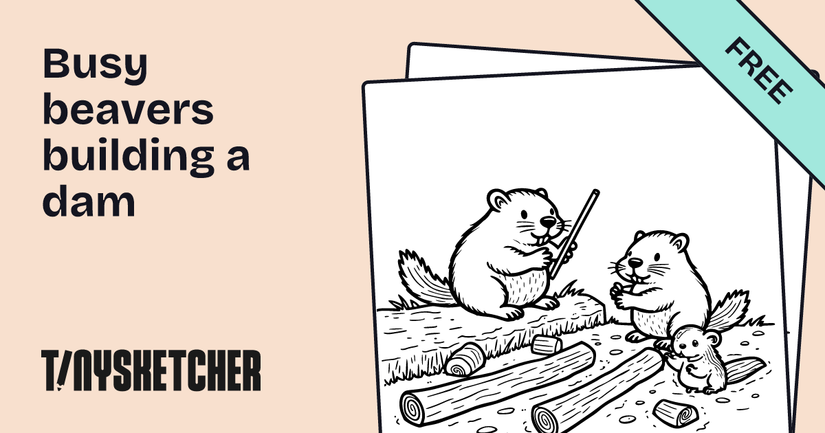 Busy beavers building a dam Coloring Page | Free Printables | Tiny Sketcher