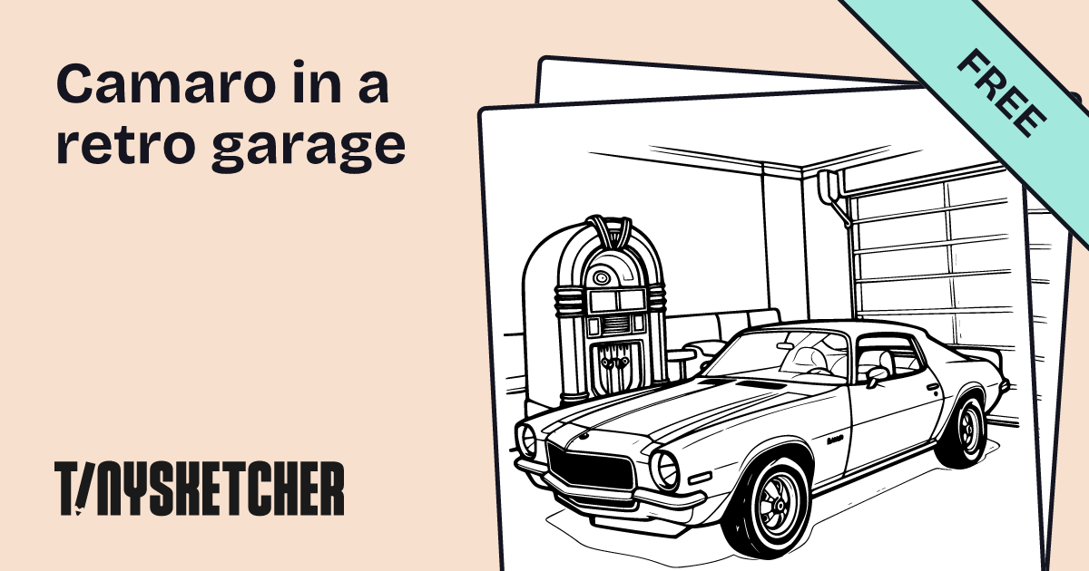 Camaro in a retro garage Coloring Page | Free Printables | Tiny Sketcher