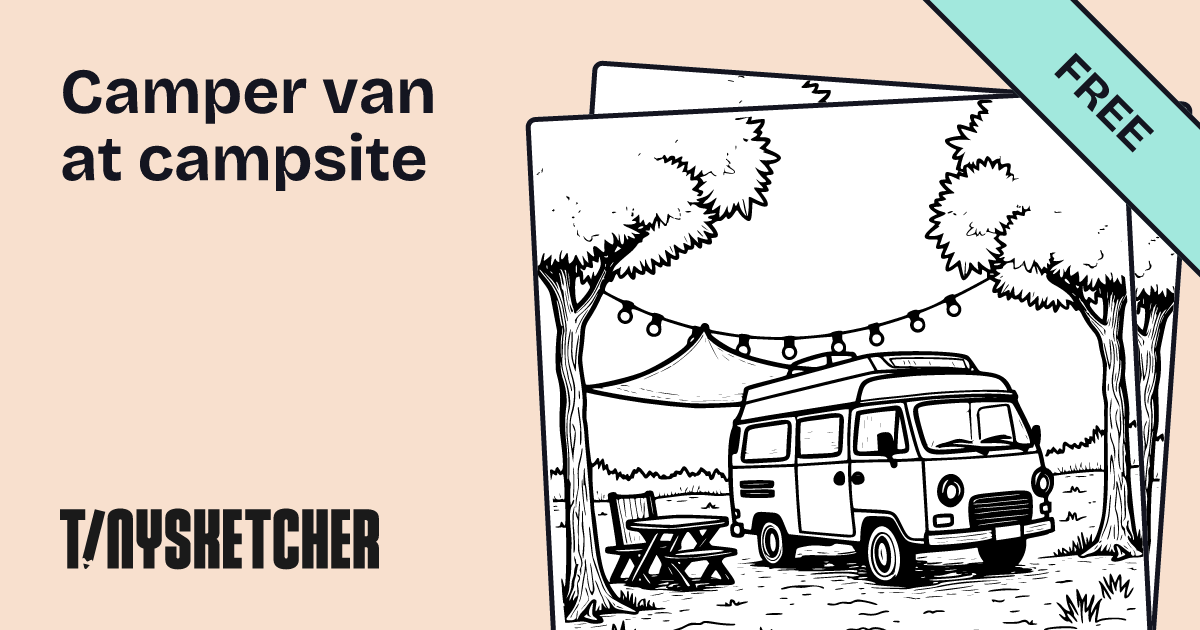 Camper van at campsite Coloring Page | Free Printables | Tiny Sketcher