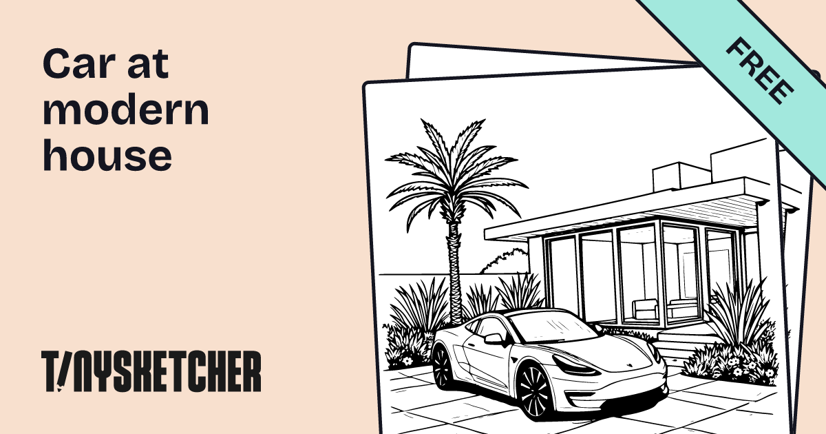 Car at modern house Coloring Page | Free Printables | Tiny Sketcher