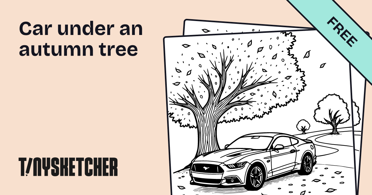 Car under an autumn tree Coloring Page | Free Printables | Tiny Sketcher