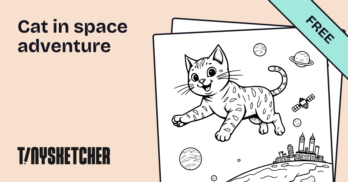 Cat in space adventure Coloring Page | Free Printables | Tiny Sketcher