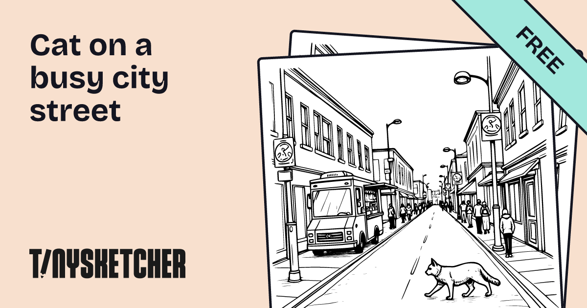 Cat on a busy city street Coloring Page | Free Printables | Tiny Sketcher