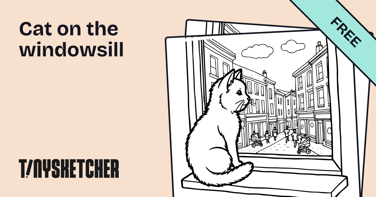 Cat on the windowsill Coloring Page | Free Printables | Tiny Sketcher