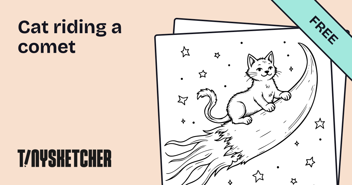 Cat riding a comet Coloring Page | Free Printables | Tiny Sketcher