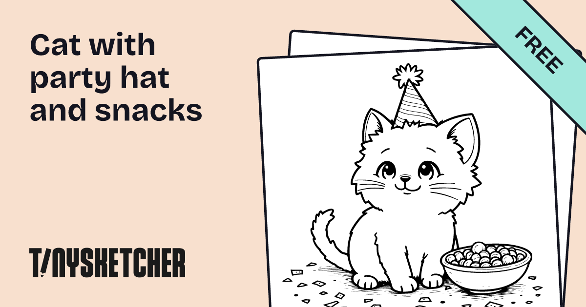 Cat with party hat and snacks Coloring Page | Free Printables | Tiny ...