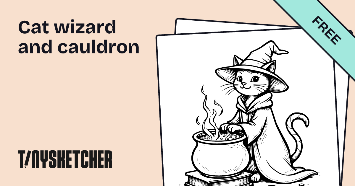 Cat wizard and cauldron Coloring Page | Free Printables | Tiny Sketcher