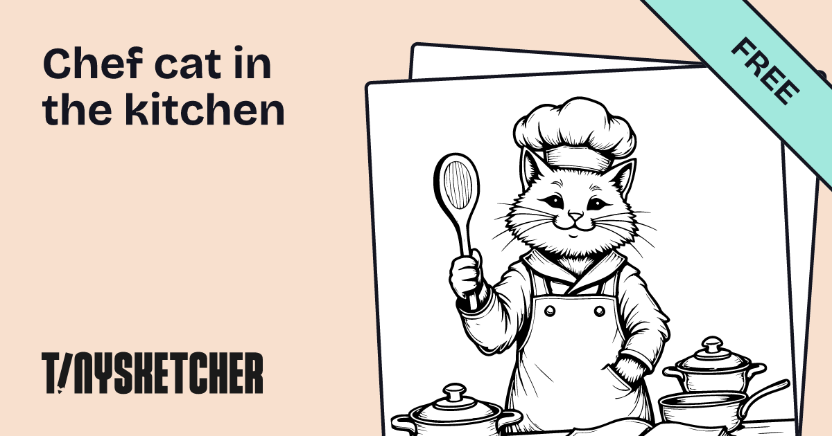 Chef cat in the kitchen Coloring Page | Free Printables | Tiny Sketcher