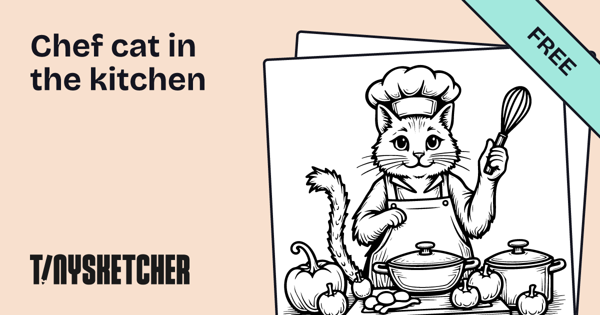 Chef cat in the kitchen Coloring Page | Free Printables | Tiny Sketcher