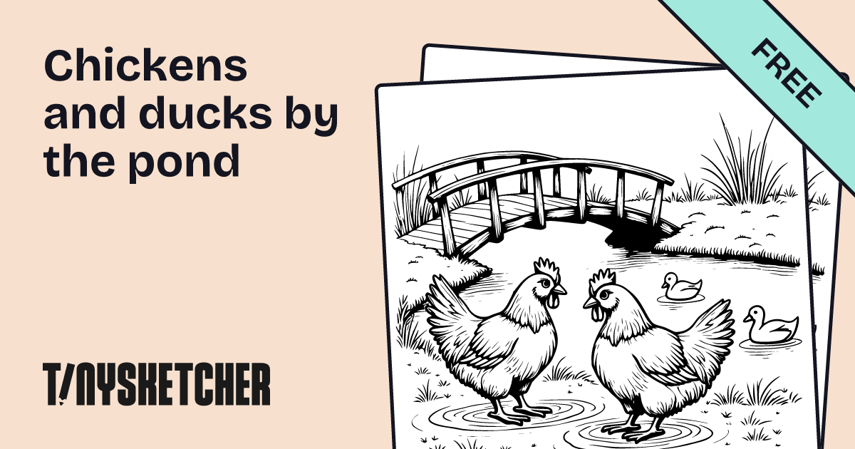 Chickens and ducks by the pond Coloring Page | Free Printables | Tiny ...