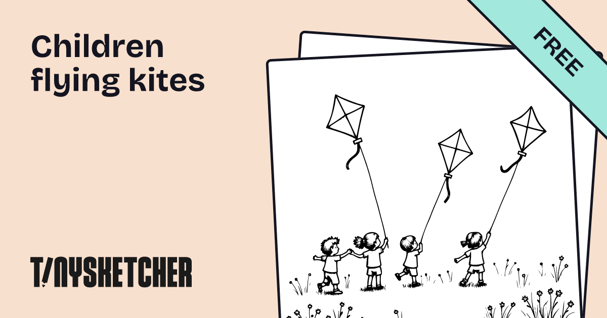 Children flying kites Coloring Page | Free Printables | Tiny Sketcher