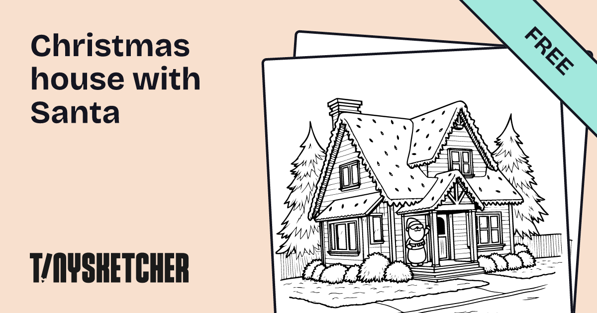Christmas house with Santa Coloring Page | Free Printables | Tiny Sketcher