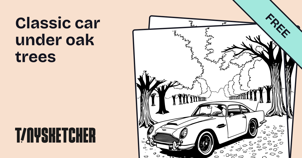 Classic car under oak trees Coloring Page | Free Printables | Tiny Sketcher