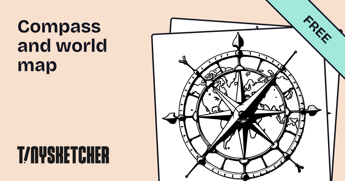 Compass and world map Coloring Page | Free Printables | Tiny Sketcher