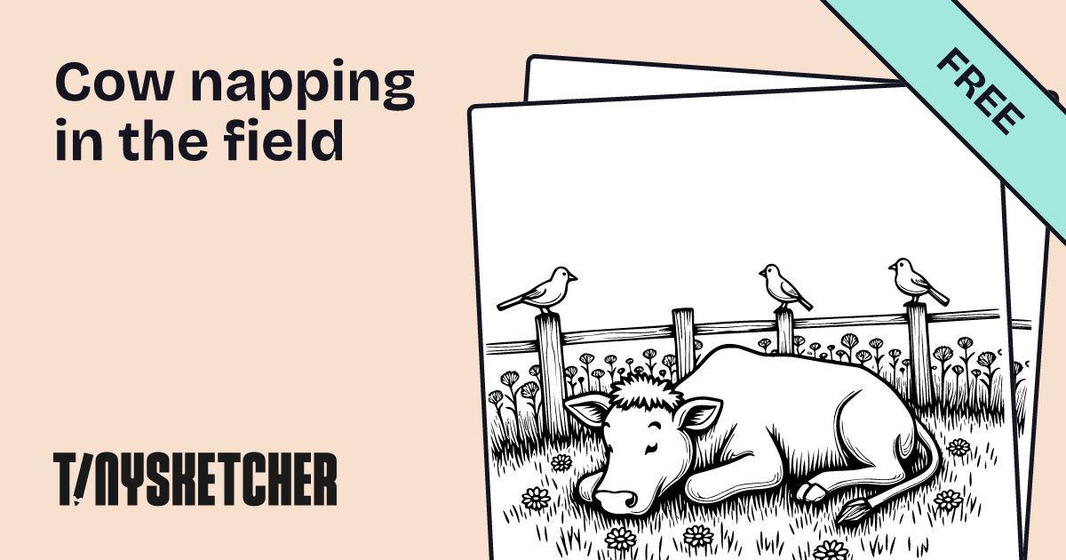 Cow napping in the field Coloring Page | Free Printables | Tiny Sketcher