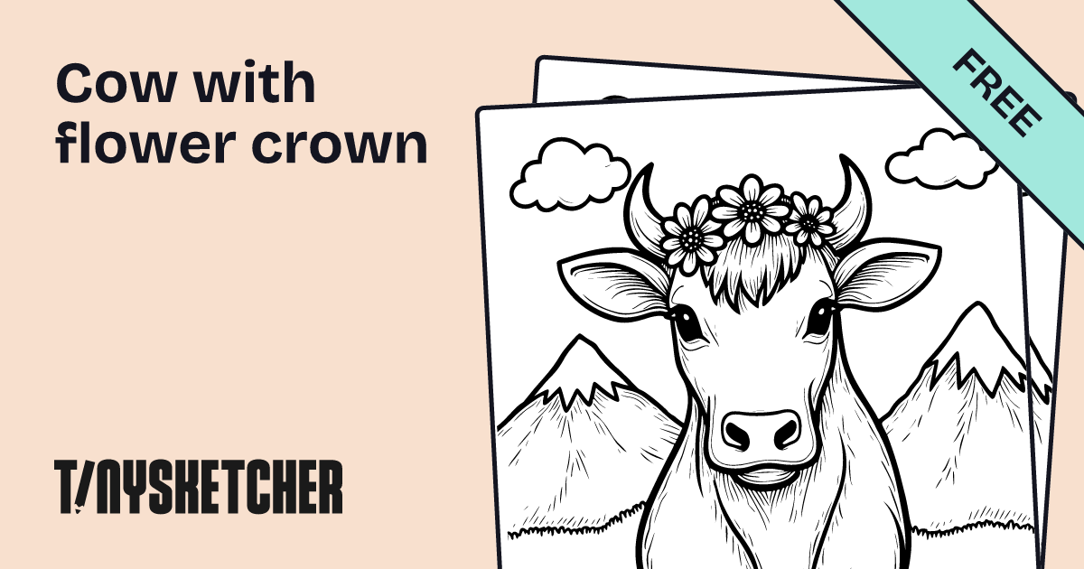Cow with flower crown Coloring Page | Free Printables | Tiny Sketcher
