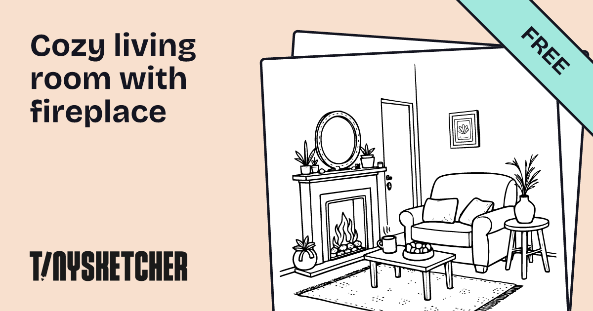 Cozy living room with fireplace Coloring Page | Free Printables | Tiny ...