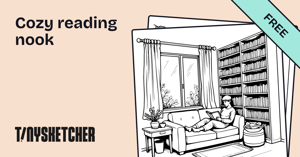 Cozy reading nook Coloring Page | Free Printables | Tiny Sketcher