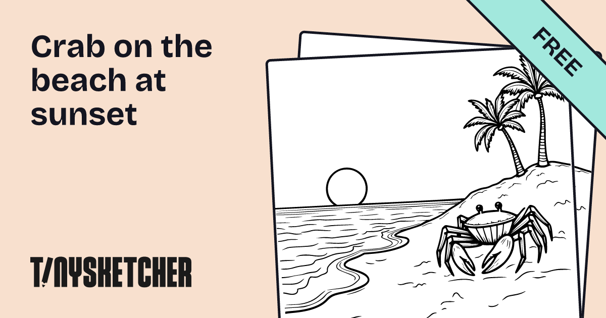 Crab on the beach at sunset Coloring Page | Free Printables | Tiny Sketcher