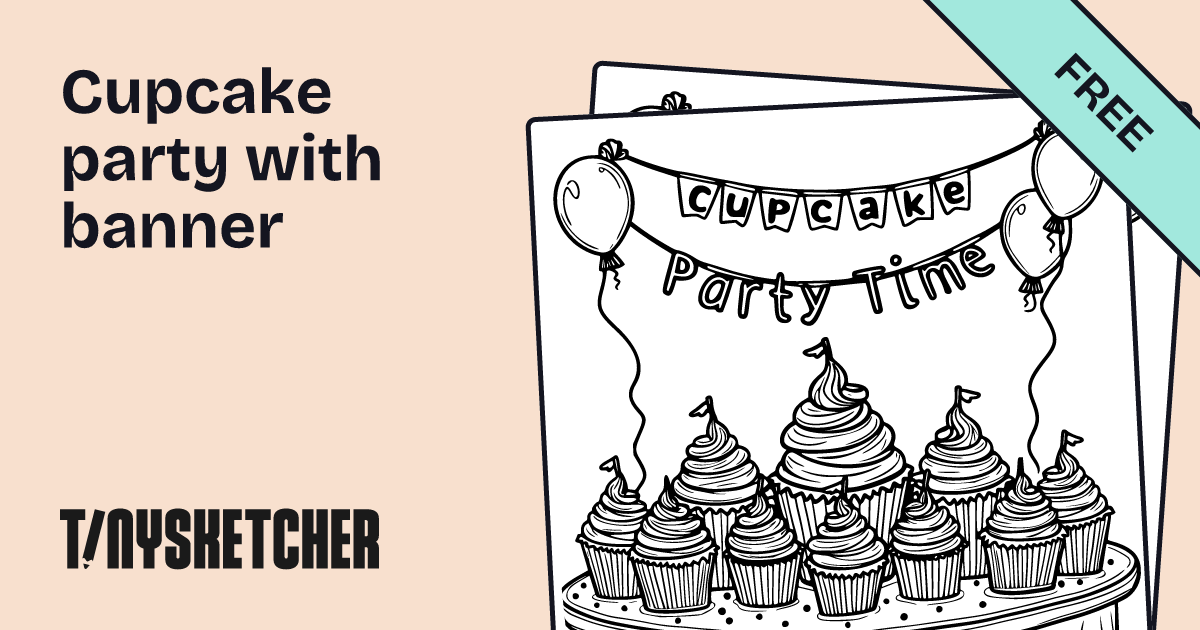 Cupcake party with banner Coloring Page | Free Printables | Tiny Sketcher